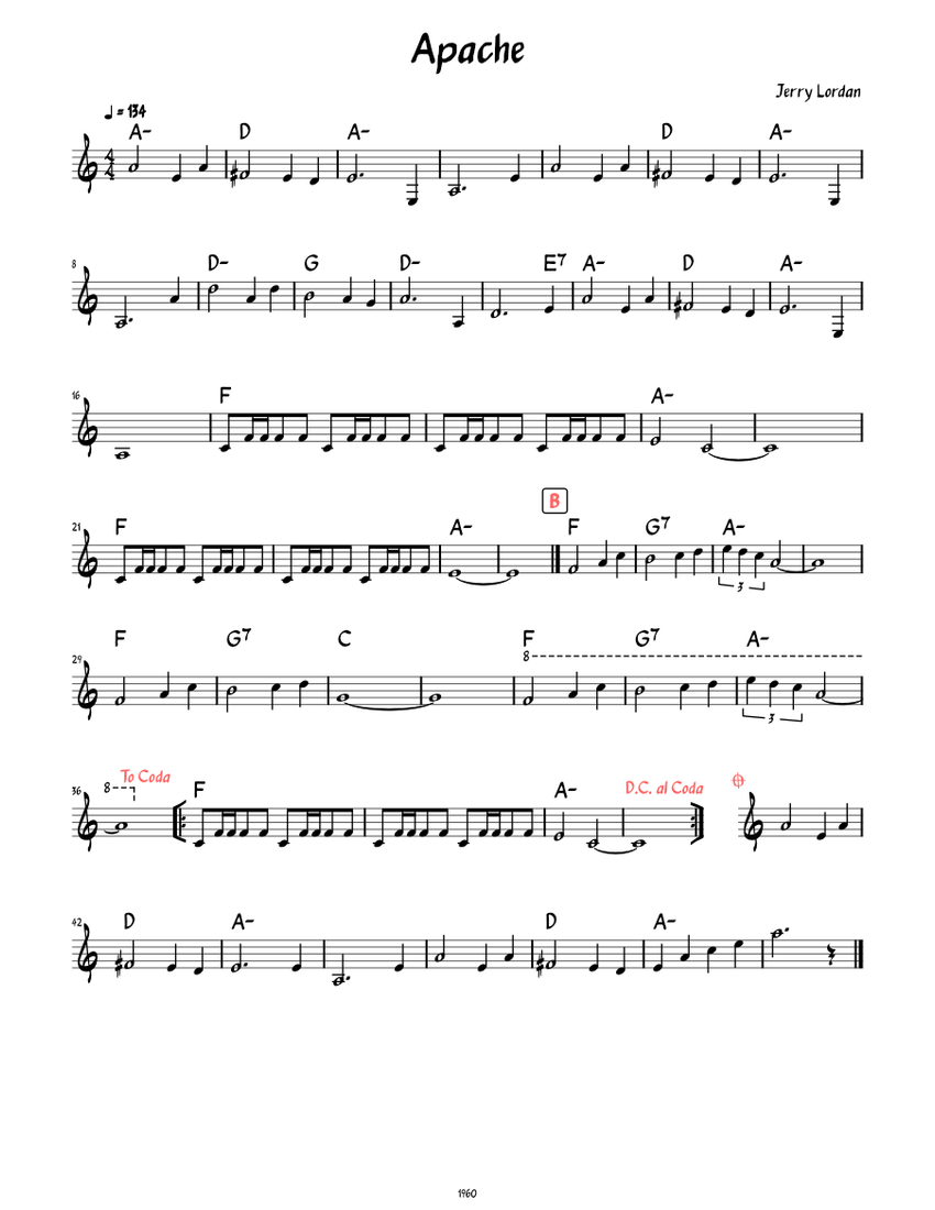 Apache (Lead sheet ) Sheet Music with Chords for Piano (Solo) easy ...