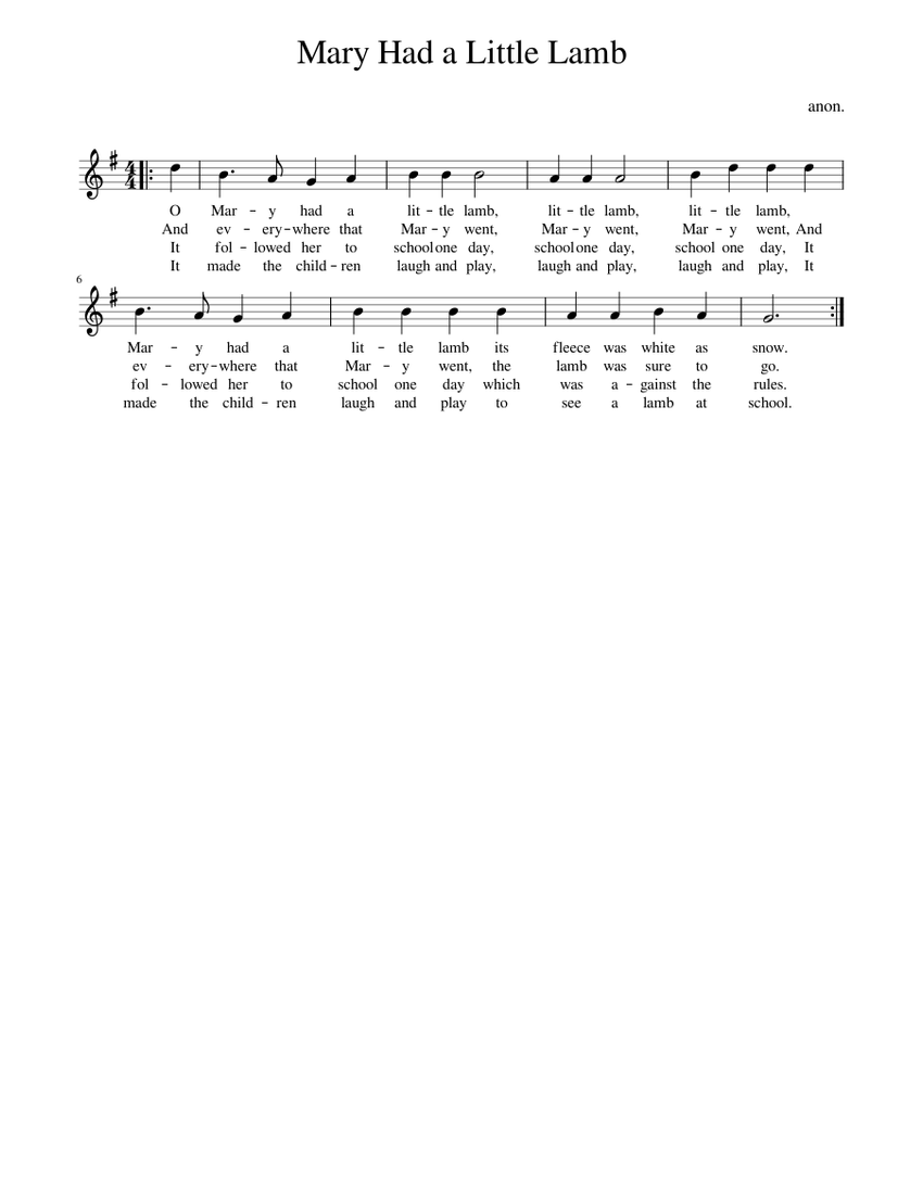 Mary Had a Little Lamb Sheet Music for Piano (Solo) Easy | MuseScore.com