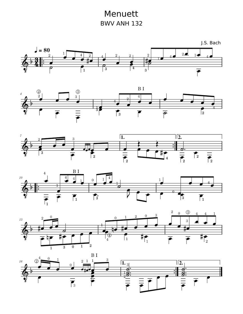 Minuet in D minor, BWV Anh.132 – Johann Sebastian Bach Sheet Music for Guitar (Solo) | MuseScore.com