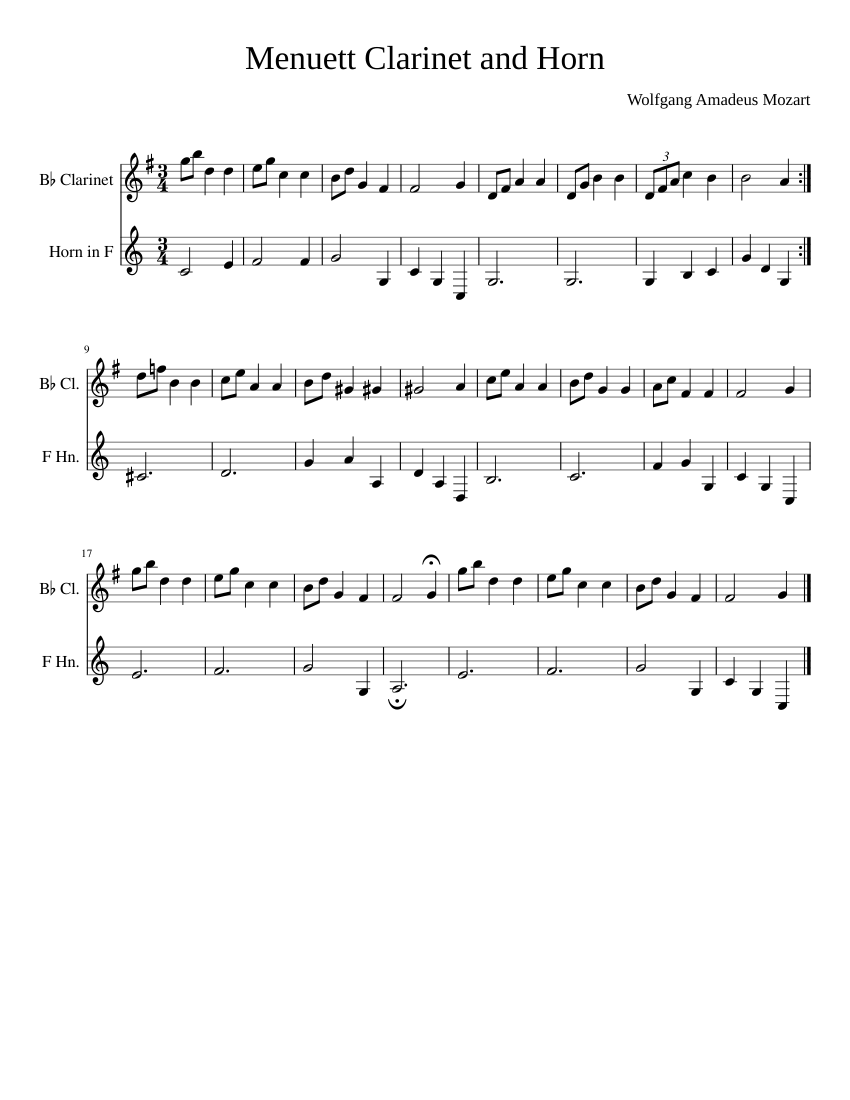 Menuett Mozart Clarinet and Horn Sheet music for Clarinet in b-flat ...