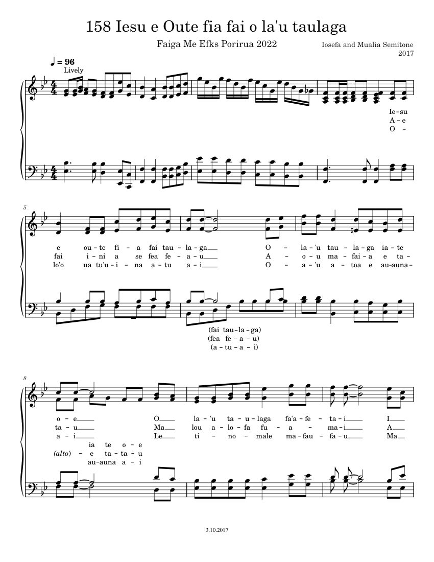 Iesu e Oute fia fai taulaga 2022 Sheet Music for Piano (SATB ...