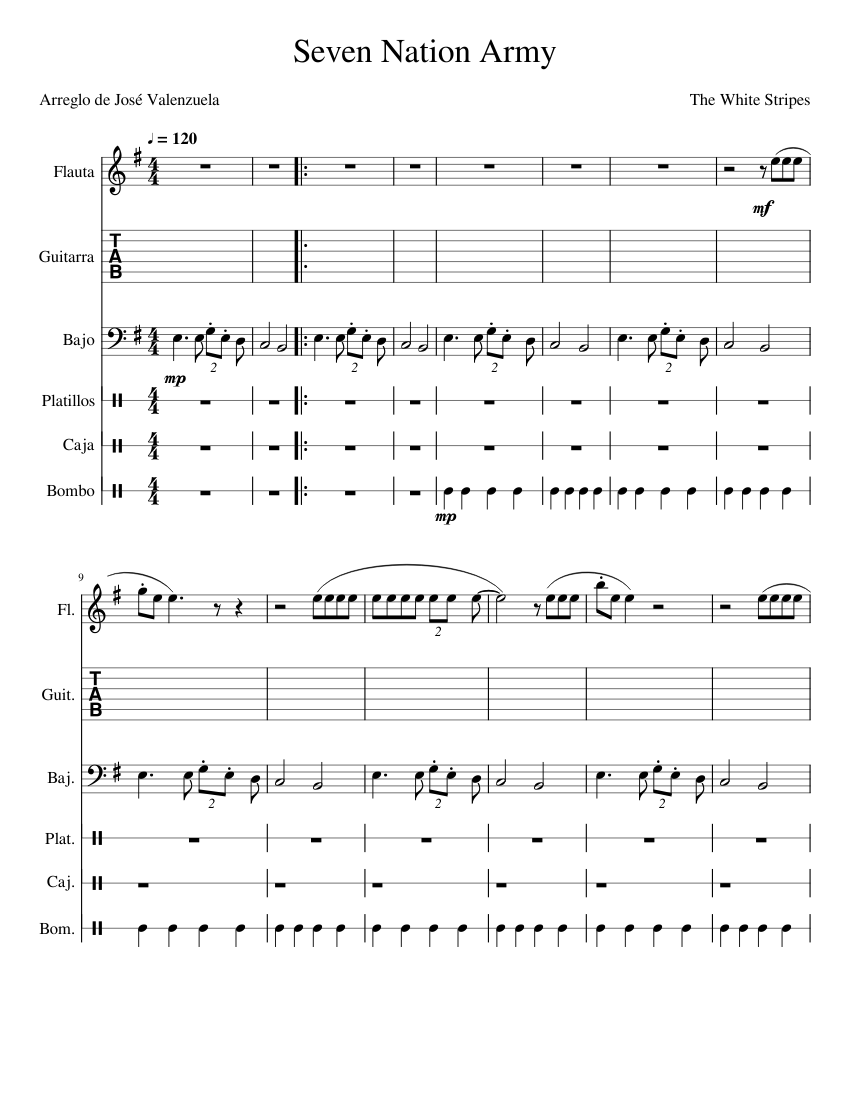 Seven Nation Army Sheet music for Flute, Snare drum, Crash, Guitar ...