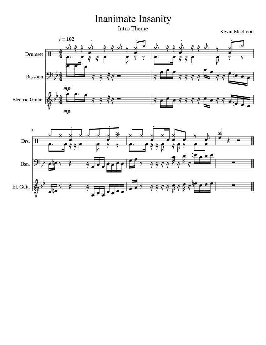 Inanimate Insanity Sheet Music for Bassoon, Guitar, Drum group (Mixed ...