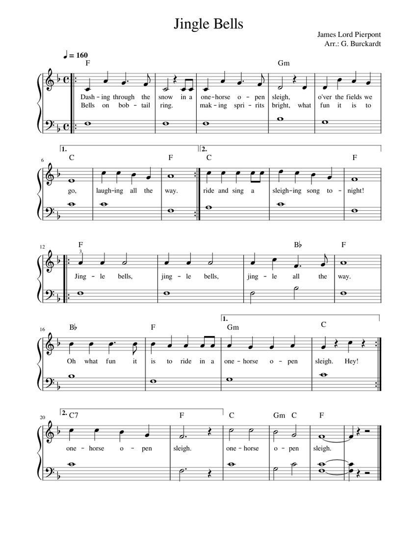 Jingle Bells – James Pierpont Jingle Bells in F major Very Easy Sheet ...