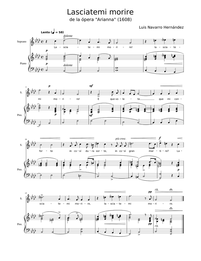 Lasciatemi morire – Claudio Monteverdi Lasciatemi morire Sheet music ...