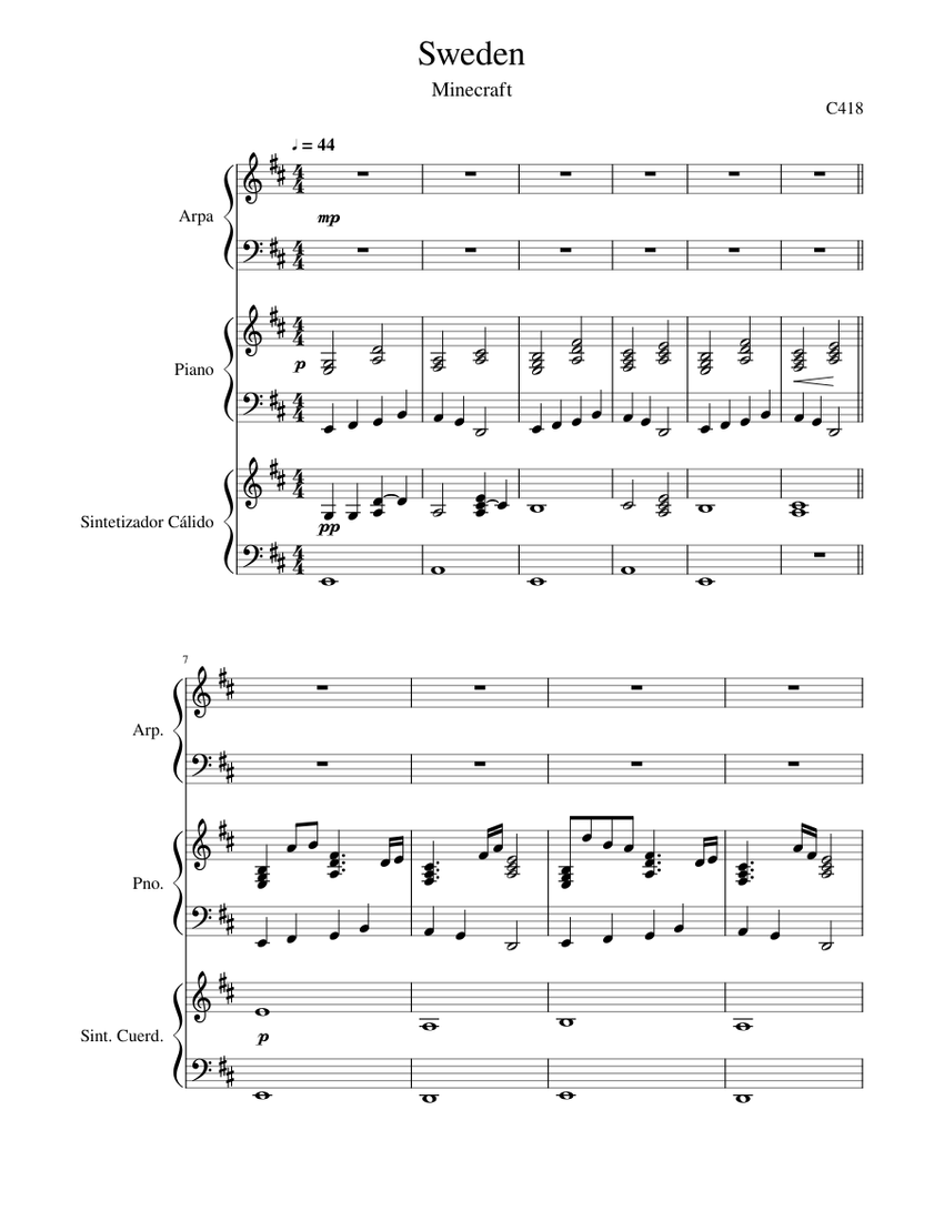 Sweden Minecraft Calm 3 Sheet Music for Piano, Harp, Synthesizer (Mixed ...