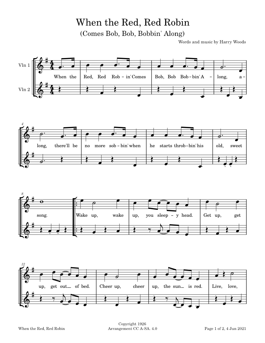 When the Red Red Robin (Comes Bob Bob Bobbin' Along) – Harry Woods ...
