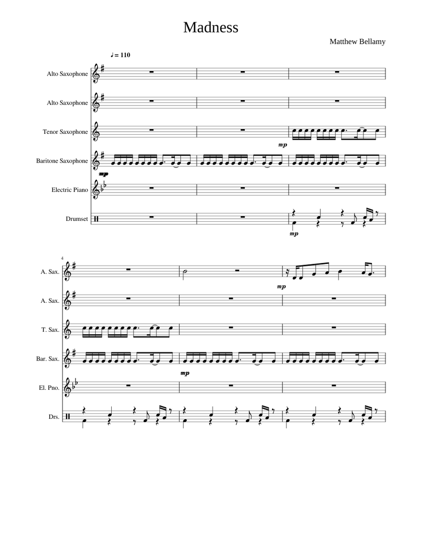Madness Sheet Music for Piano, Saxophone alto, Saxophone tenor ...