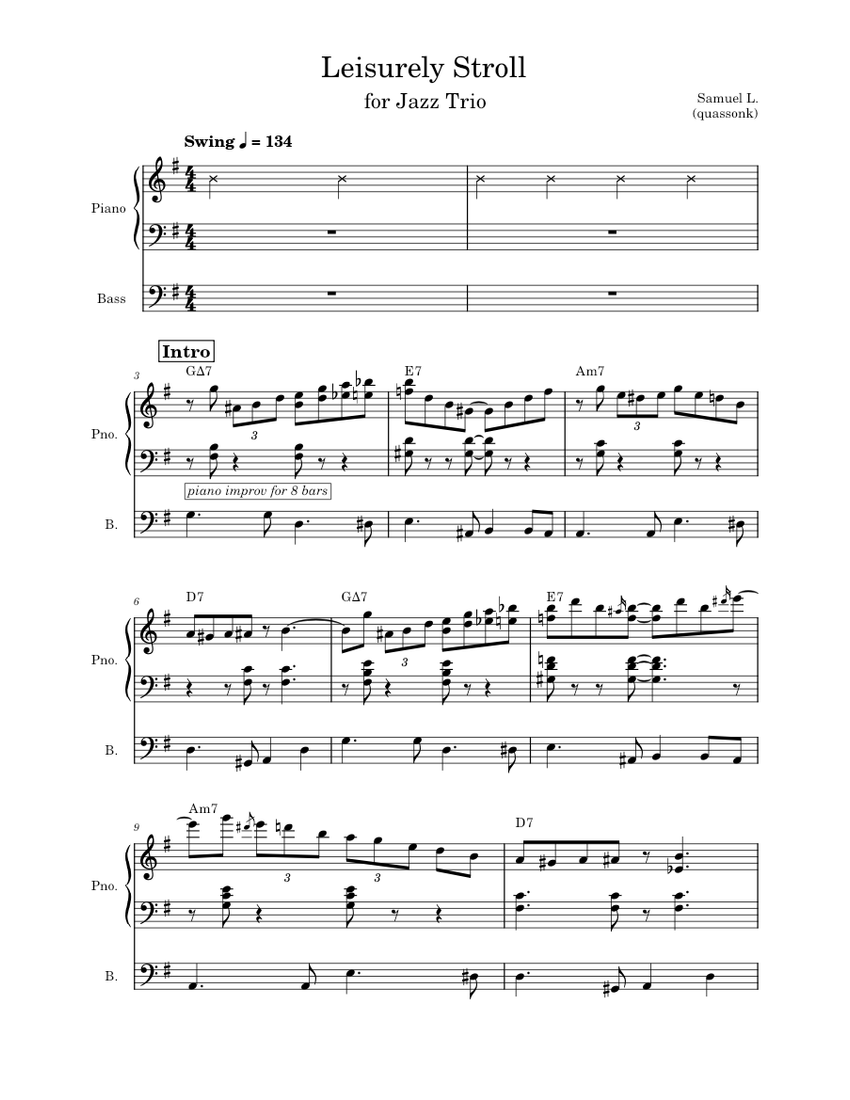 Leisurely Stroll Sheet Music with Chords for Piano, Bass guitar (Jazz ...