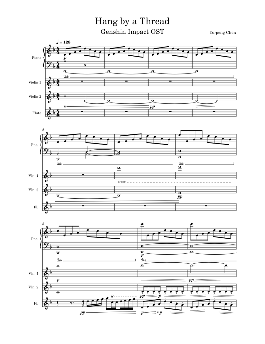 Hang by a Thread - Genshin Impact OST Sheet music for Piano, Flute, Violin (Mixed Quartet ...