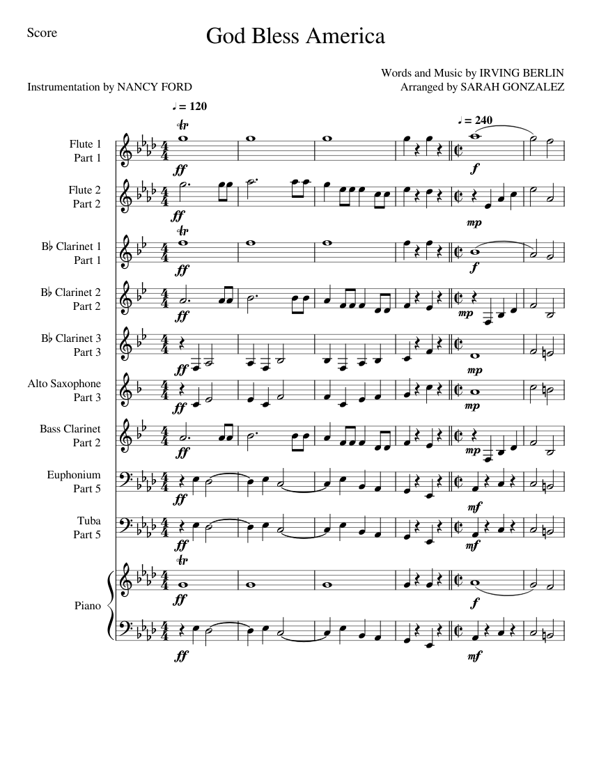 God Bless America - Irving Berlin (for wind ensemble) Sheet Music for ...