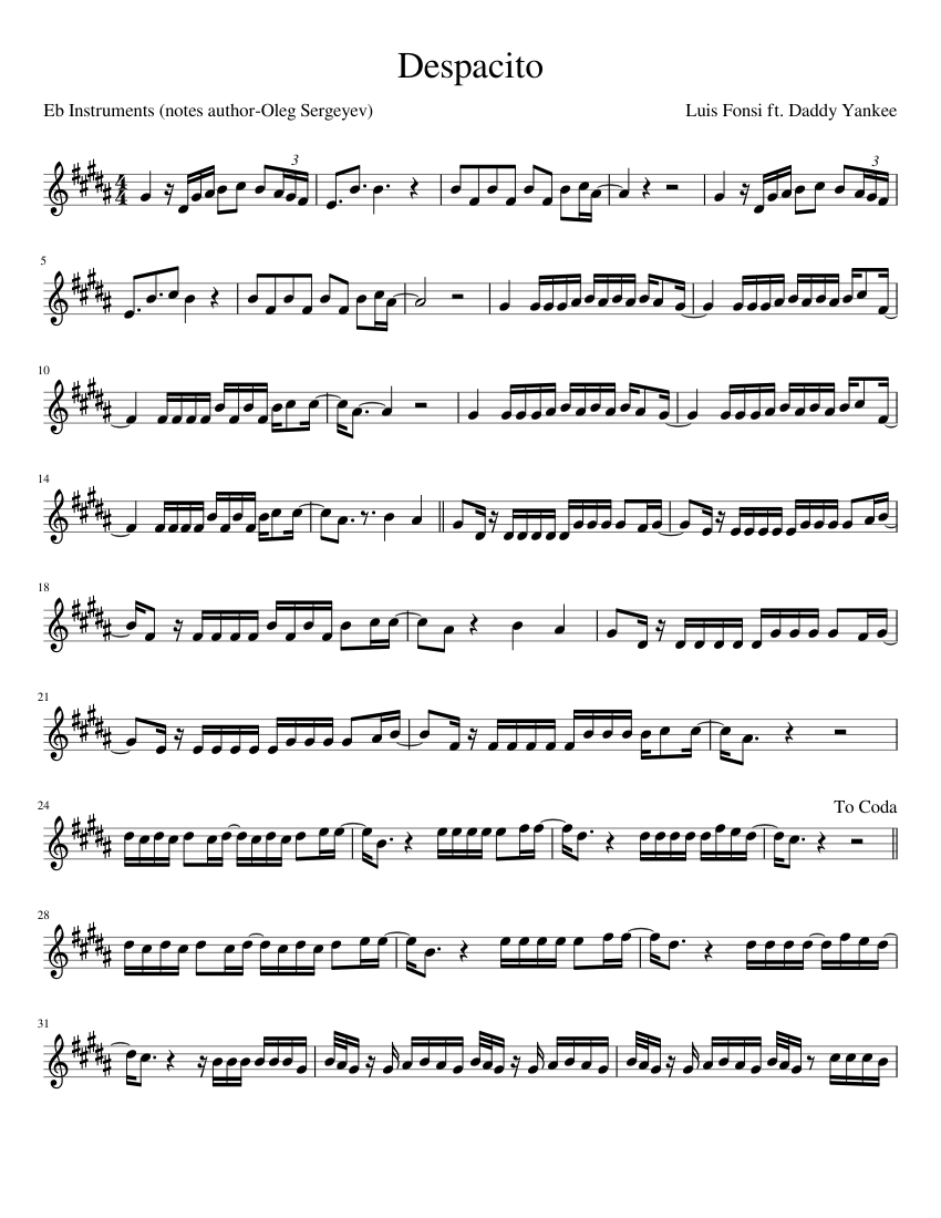 Despacito notes for alto sax Sheet music for Piano (Solo) | Musescore.com