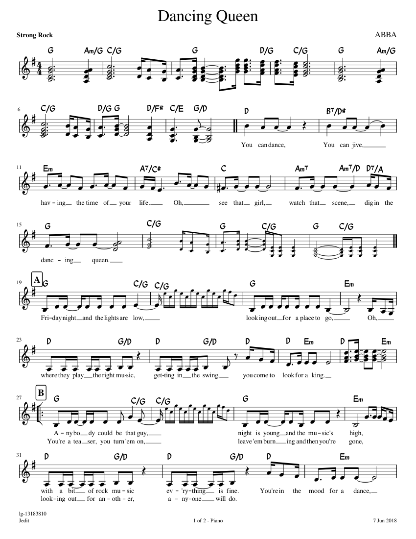 Dancing Queen (in G) Sheet Music with Chords for Piano (Solo) easy ...