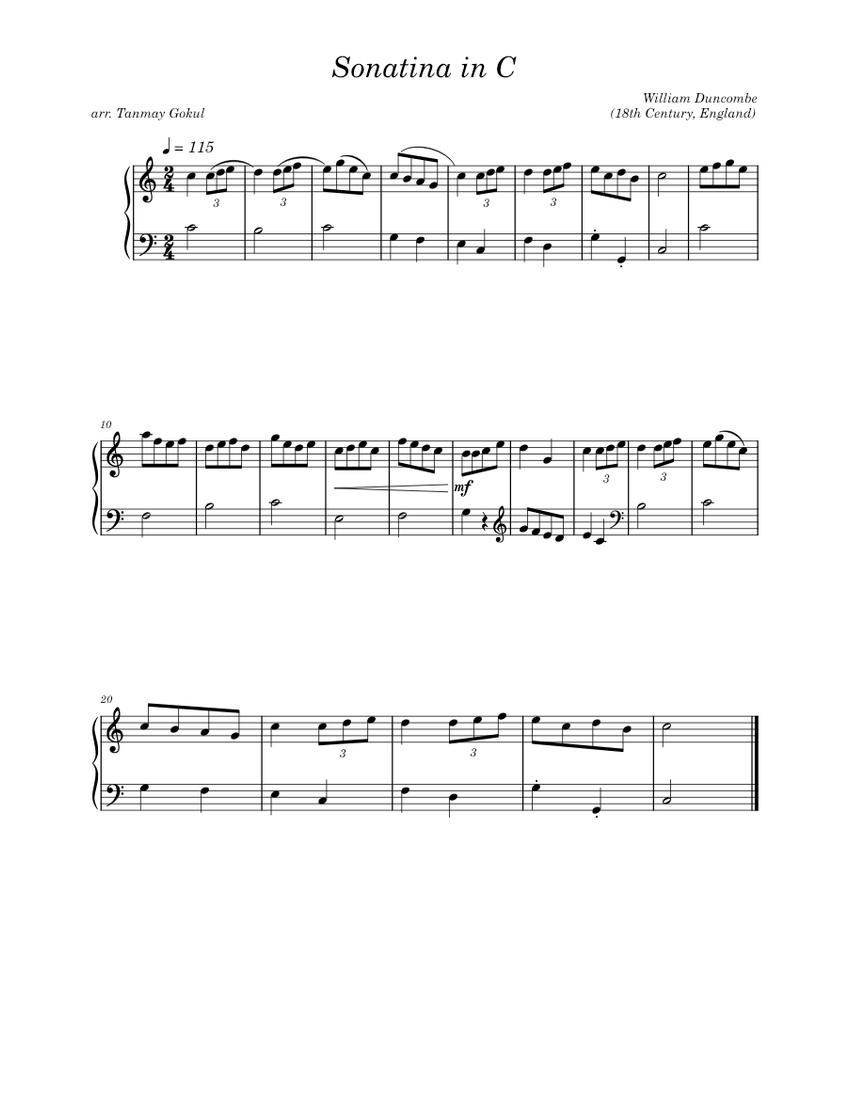 Piano Sonatina in C major – William Duncombe Sheet music for Piano ...