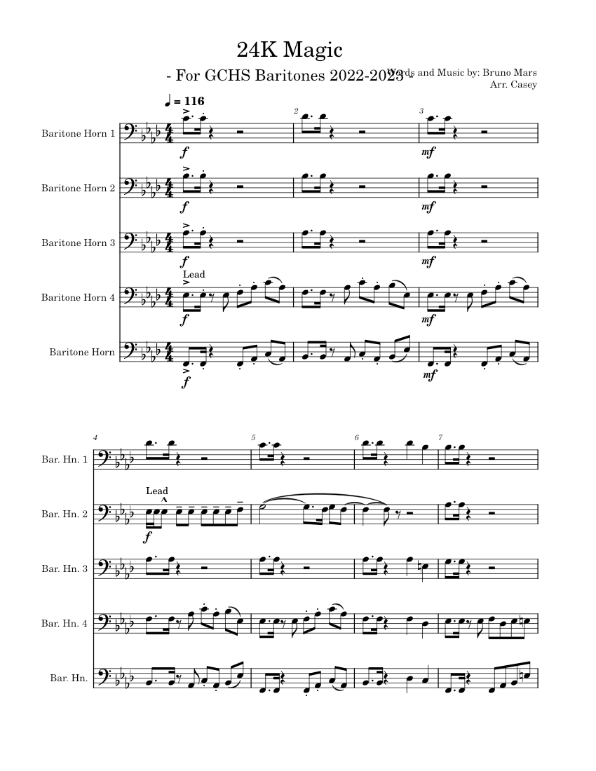 24K Magic Sheet Music for Baritone horn (Brass Quintet) | MuseScore.com