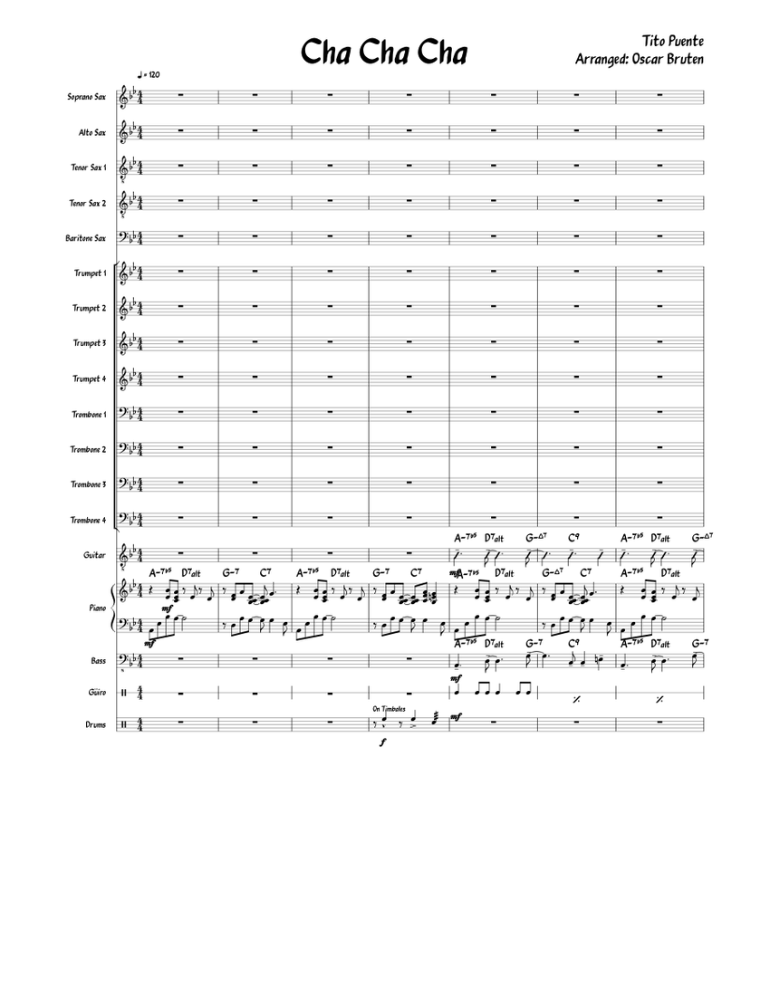 Cha Cha Cha Sheet Music with Chords for Piano, Trombone, Saxophone alto ...