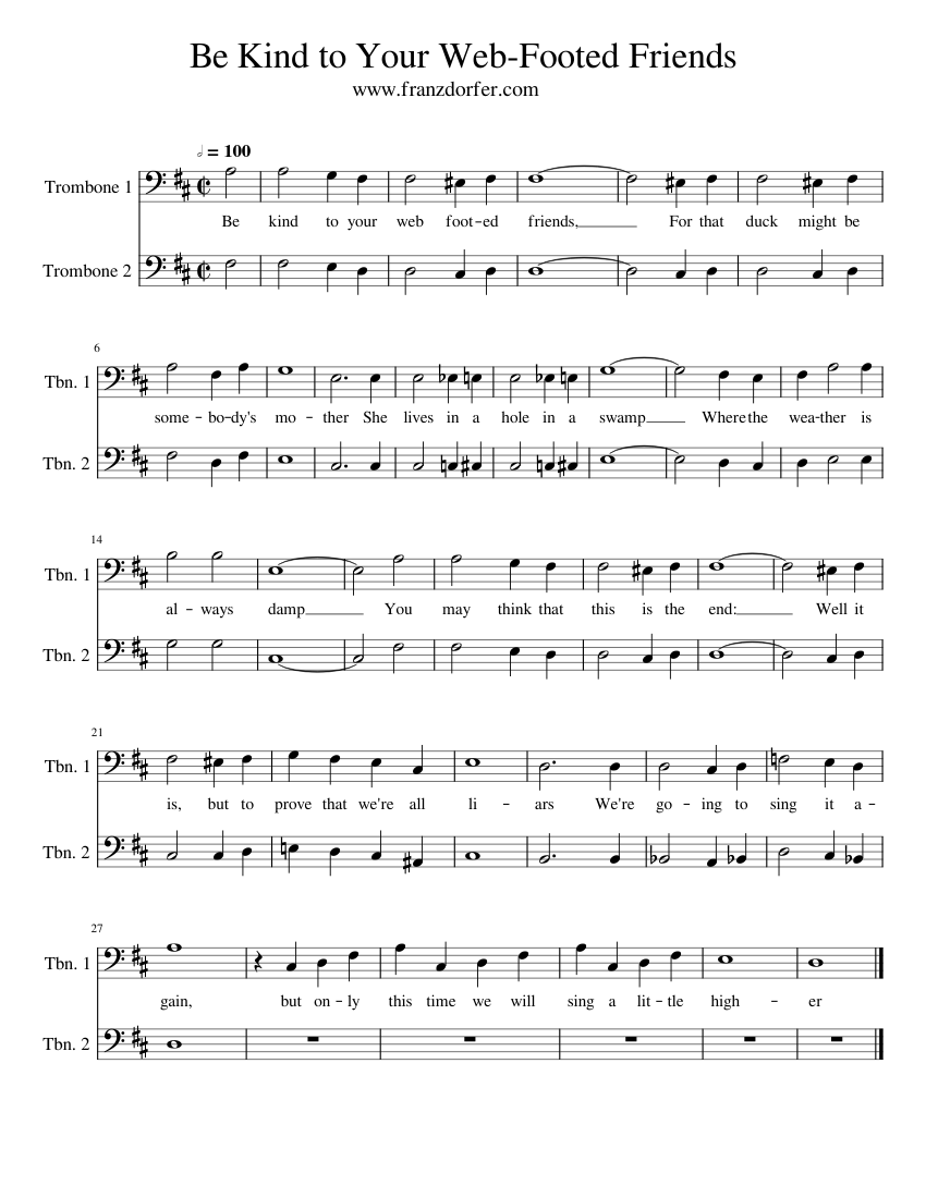 Be Kind to Your Web-Footed Friends Sheet Music for Trombone (Brass Duet ...