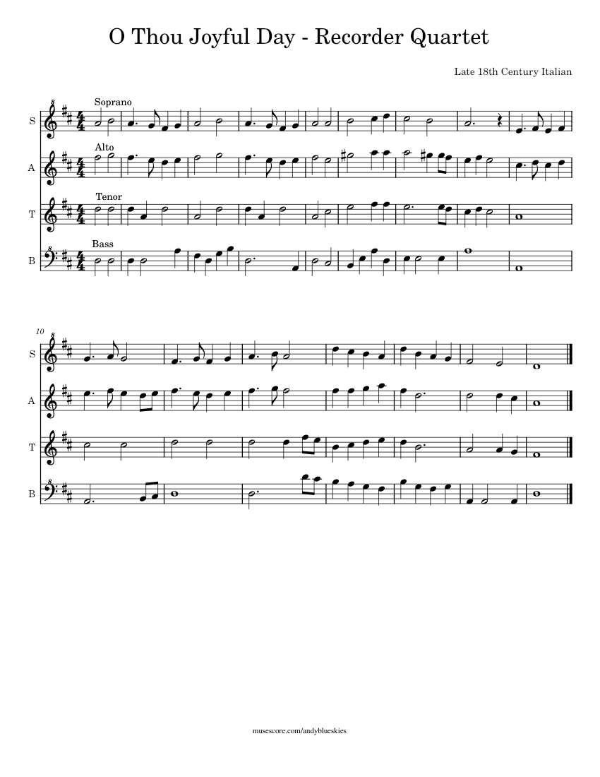 O Thou Joyful Day – Recorder Quartet Sheet music for Recorder (Woodwind ...