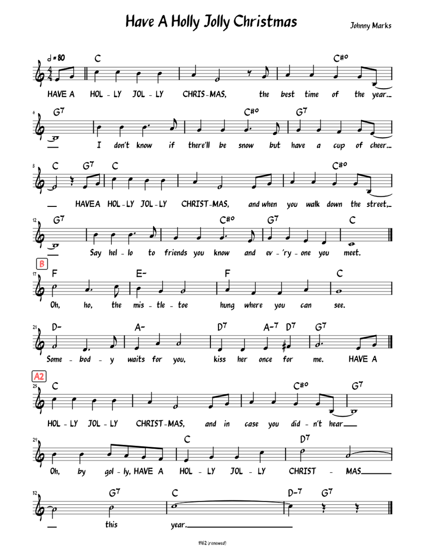 Holly Jolly Christmas (Lead sheet with lyrics ) Sheet Music with Chords ...