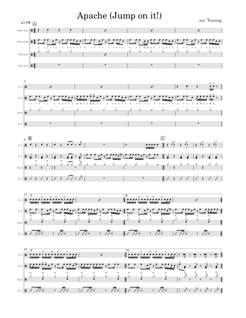 Apache Sheet Music for Snare drum, Tenor drum, Bass drum (Percussion Quintet) | MuseScore.com