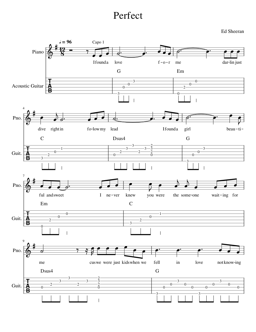 Ed Sheeran - Perfect Sheet Music and Tab with Chords for Piano, Guitar ...