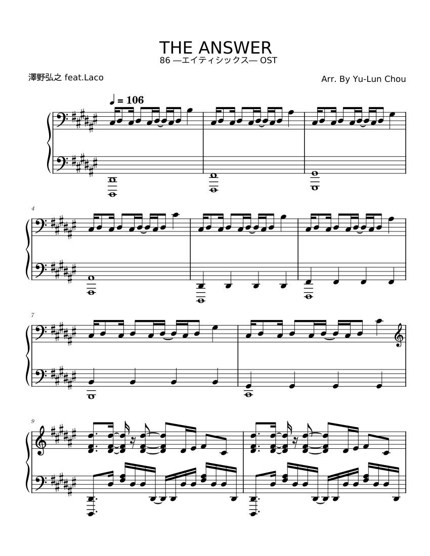 THE ANSWER – Hiroyuki Sawano feat. Laco THE ANSWER Arr.By Yu-Lun Chou ...
