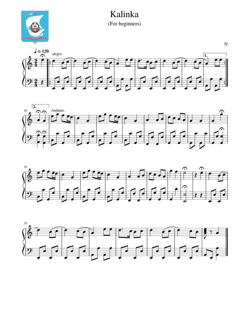 Kalinka Калинка For beginners Sheet Music for Piano (Solo) easy ...