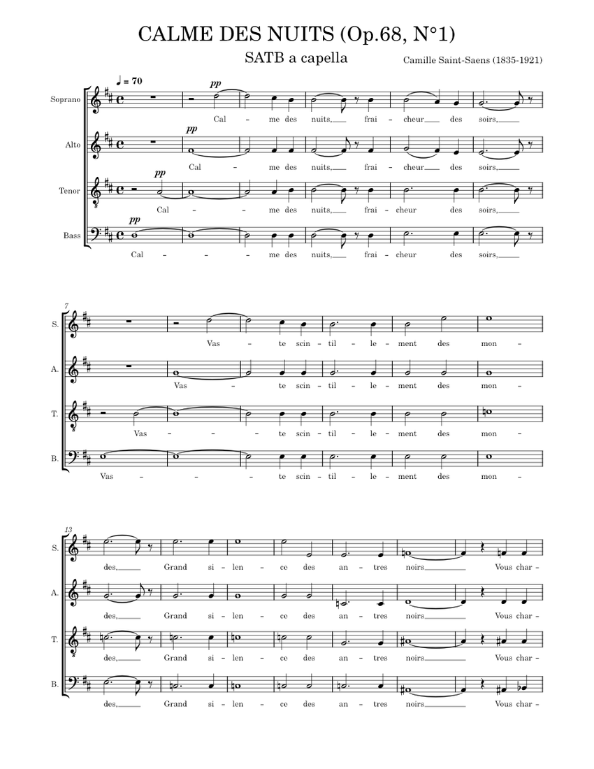 CALME DES NUITS C. Saint-Saens SATB Sheet music for Soprano, Alto ...