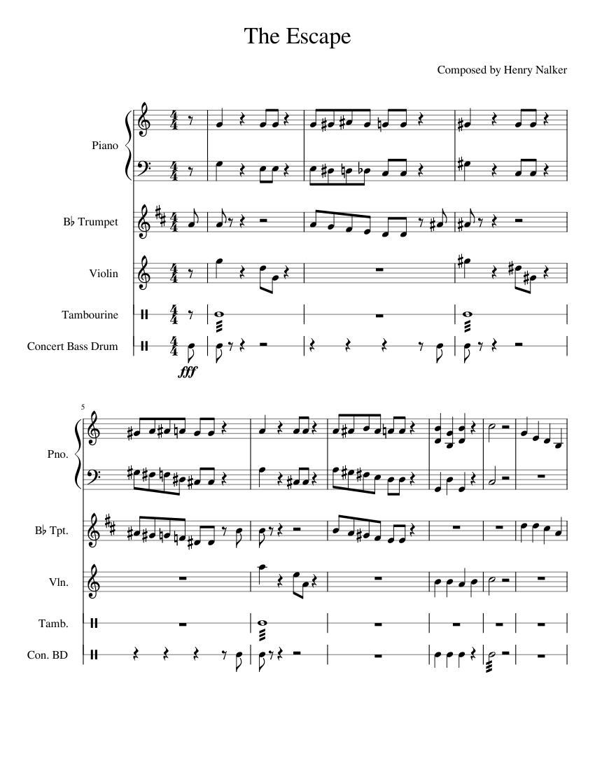 The Escape Sheet Music for Piano, Tambourine, Trumpet in b-flat, Violin ...