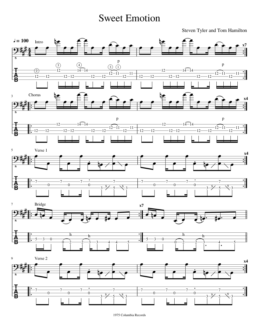 Sweet Emotion Sheet Music and Tab for Bass guitar (Solo) | MuseScore.com