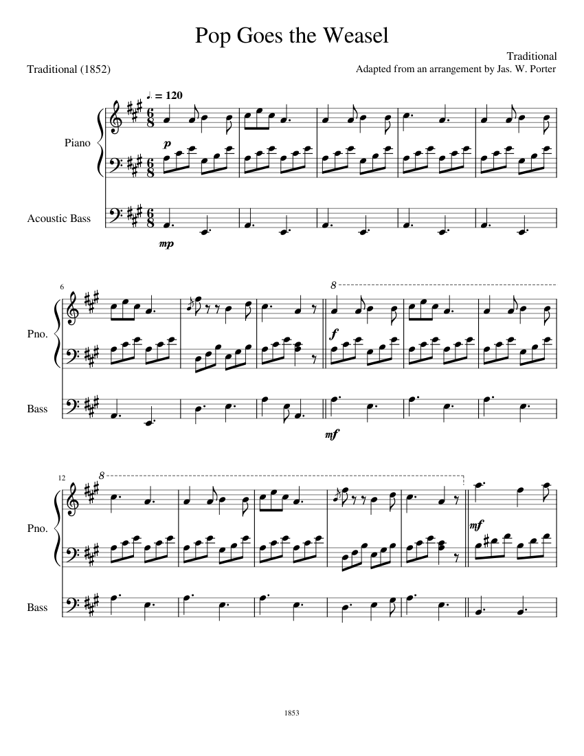 Pop Goes the Weasel (1853 arrangement) Sheet Music for Piano, Bass guitar (Mixed Duet ...