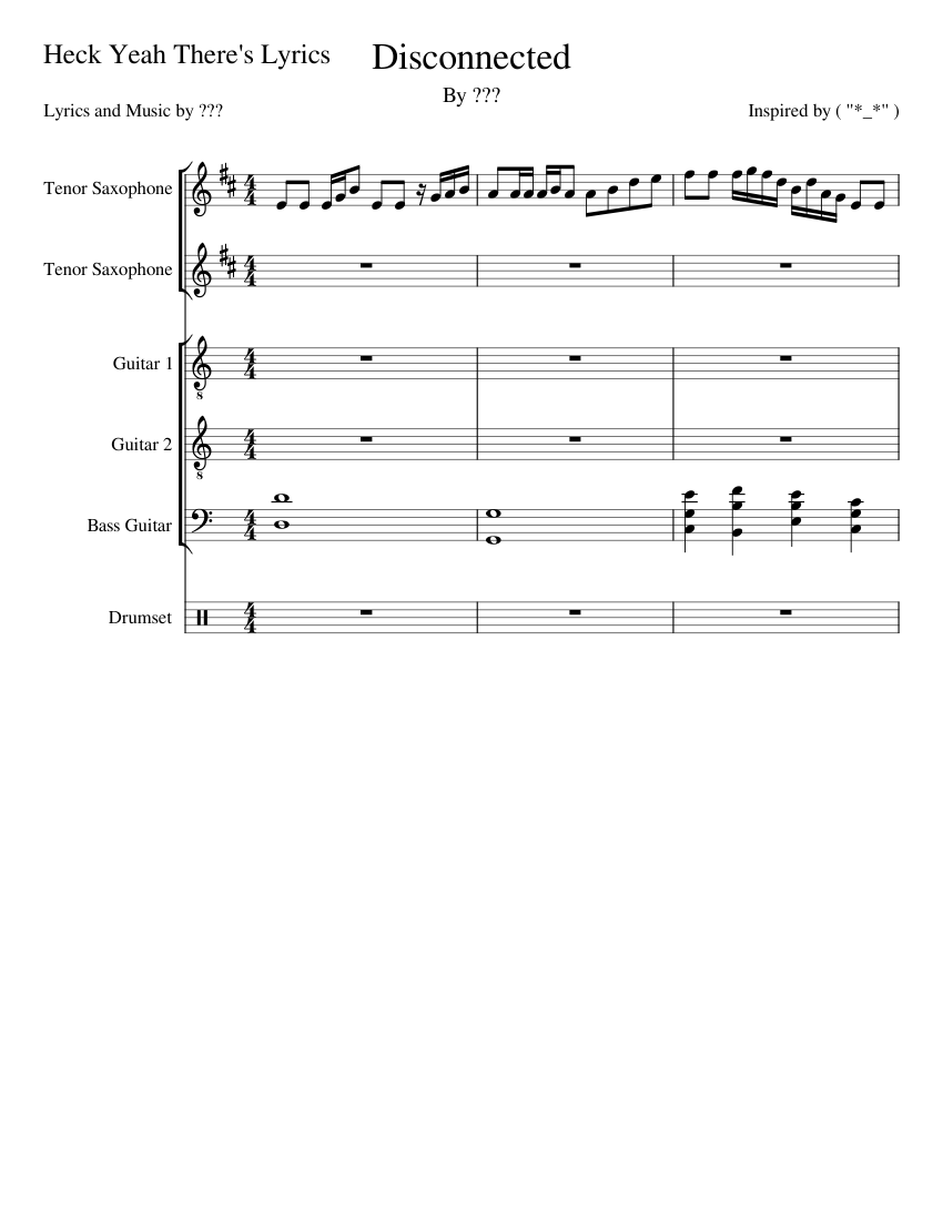 Disconnected Sheet music for Saxophone tenor, Guitar, Bass guitar, Drum ...