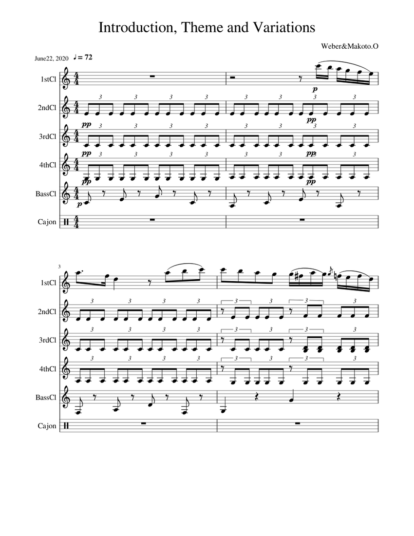 Introduction, Theme and Variations for Clarinet Ensemble Sheet Music ...
