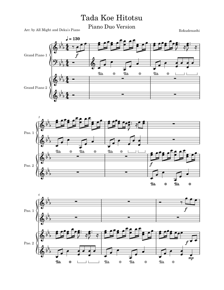 Tada Koe Hitotsu – Rokudenashi "One Voice" (Piano Duo Version) Sheet ...