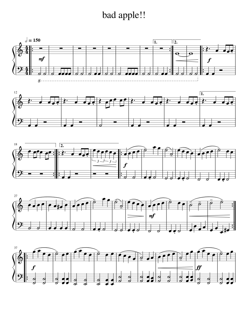 bad apple!! (beginners arrangement) -ZUN/Touhou Project Sheet Music for ...