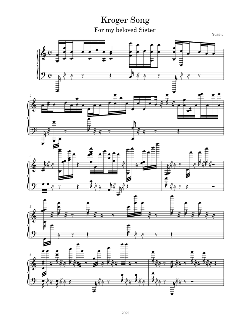 Yuze Kroger Song Sheet music for Piano (Solo) | Musescore.com