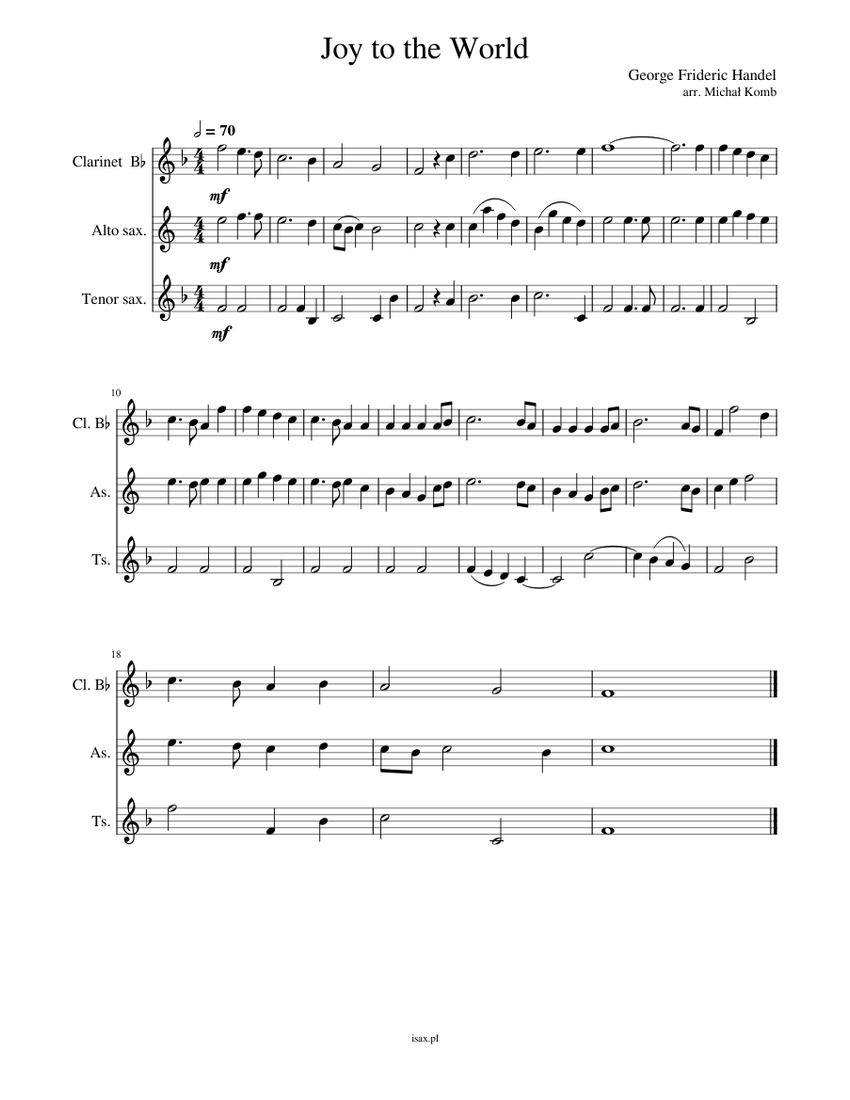Joy to the world Sheet music for Clarinet in b-flat, Saxophone alto ...