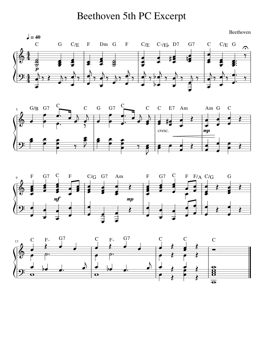 Beethoven 5th Piano Concerto 2nd Mvmt, Excerpt in C major Sheet Music ...