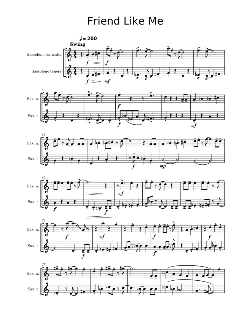 Friend Like Me Sheet Music for Saxophone alto, Saxophone tenor ...