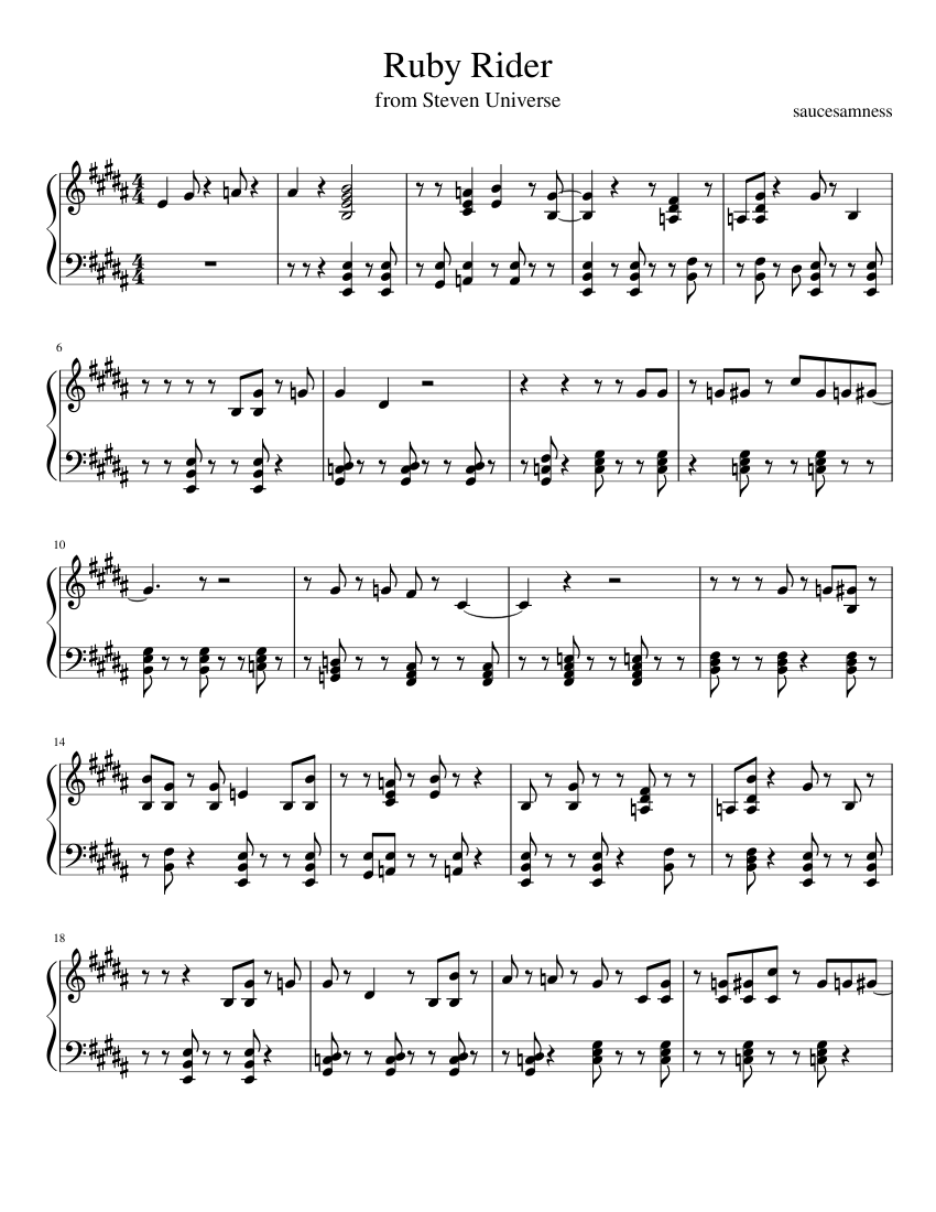Ruby Rider (from Steven Universe) Sheet Music for Piano (Solo) Easy ...