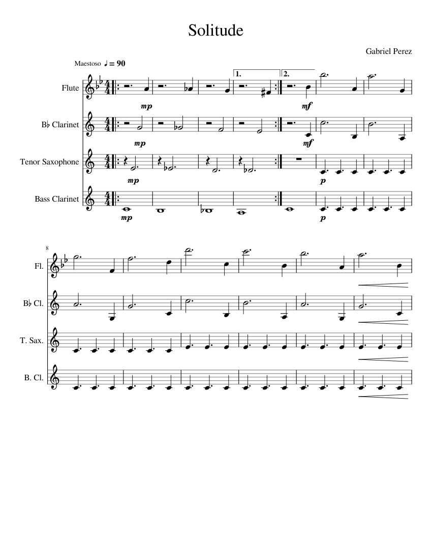 Solitude Sheet Music for Flute, Clarinet in b-flat, Clarinet bass ...