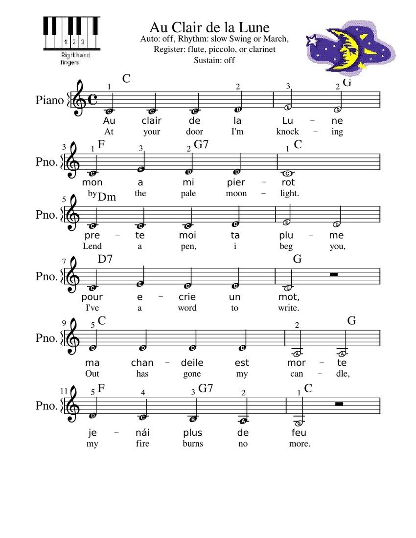 Au Clair de la Lune Sheet Music for Piano (Solo) | MuseScore.com