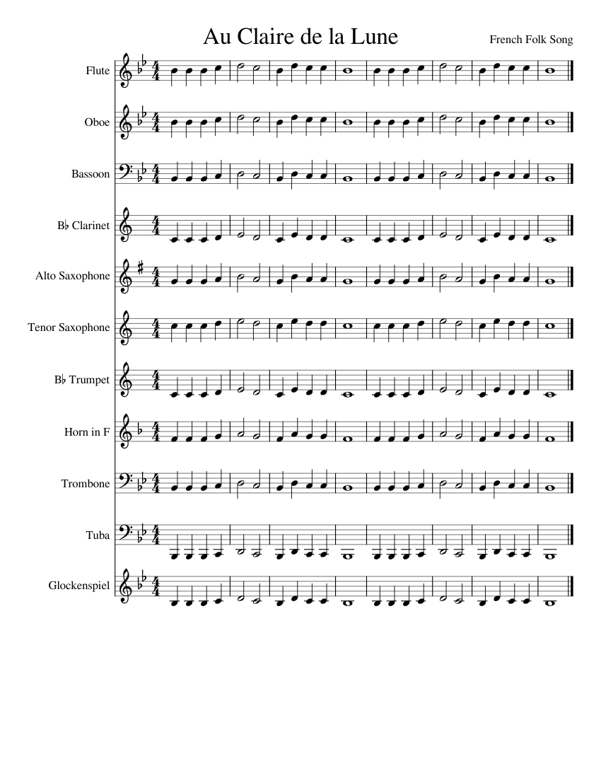 Au Claire de la Lune Sheet music for Trombone, Tuba, Flute, Oboe & more ...