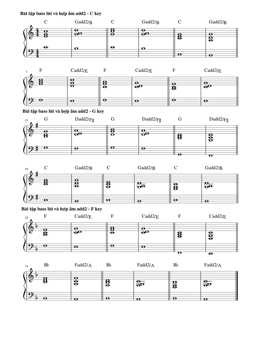 Bài tập hợp âm add2 kết hợp đảo bass key C, F, G Sheet Music for Piano ...
