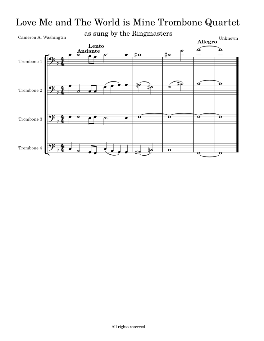 Love Me and The World is Mine Trombone Quartet Sheet music for Trombone ...
