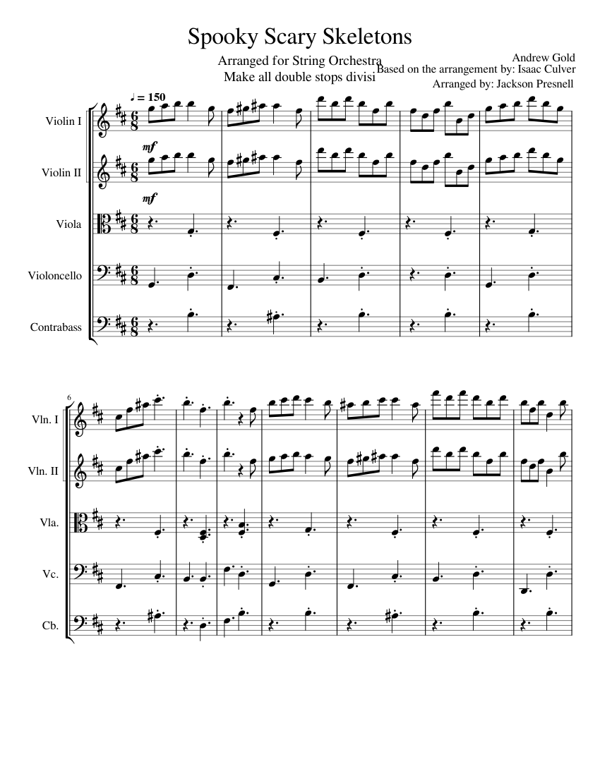 Spooky Scary Skeletons Sheet Music for Contrabass, Violin, Viola, Cello ...
