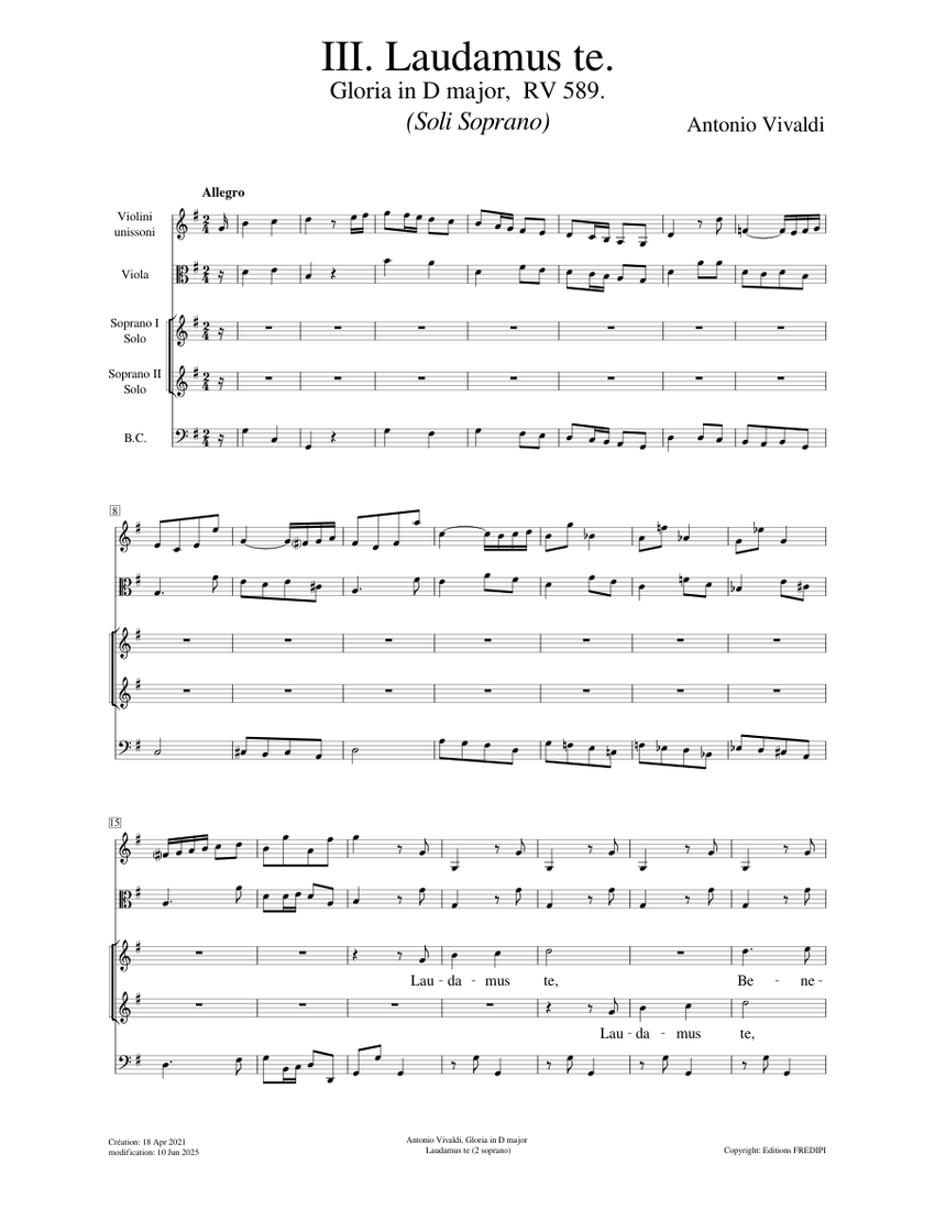 Gloria in D major, RV 589, III Laudamus te – Antonio Vivaldi Sheet Music for Soprano, Violin ...