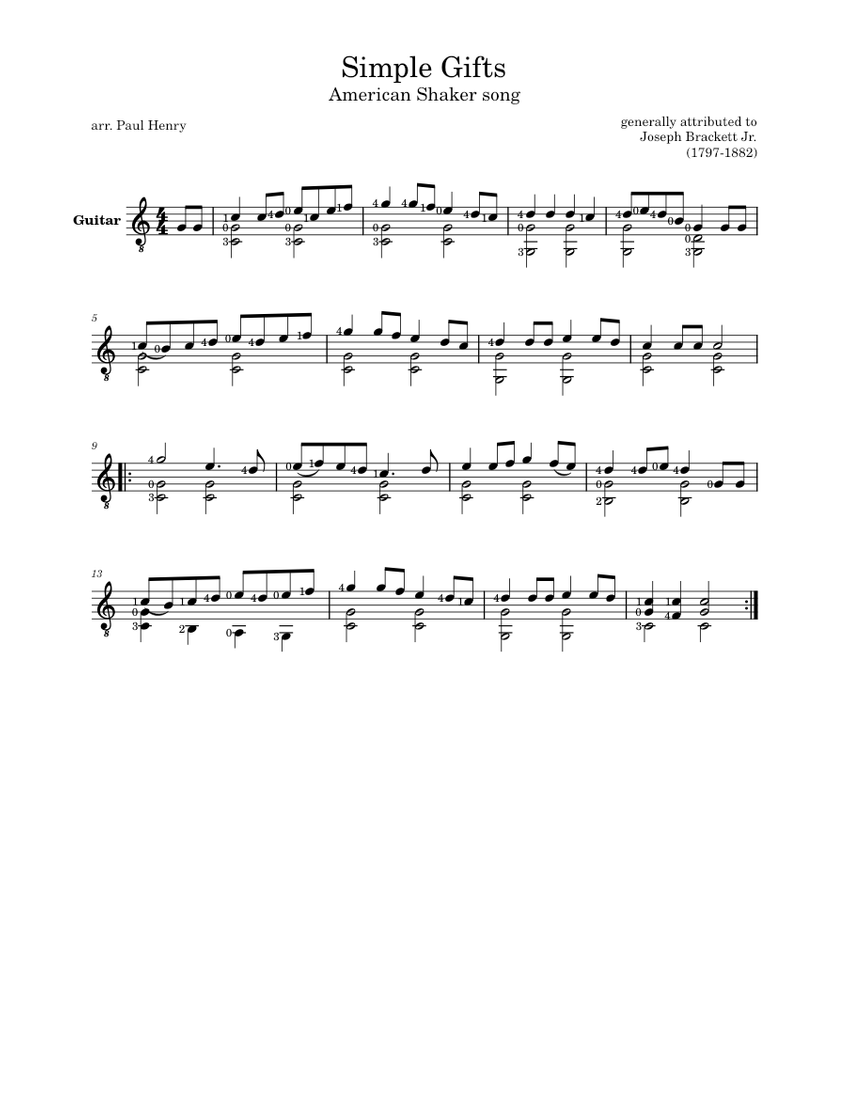 Simple Gifts – Misc tunes (American Shaker song) Sheet Music for Guitar ...