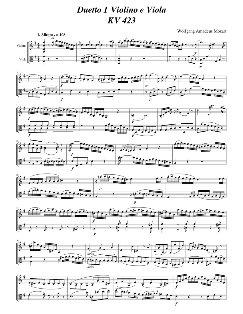 Duetto 1 Violino e Viola in Sol M - W. A. Mozart Sheet music for Violin, Viola (String Duet ...