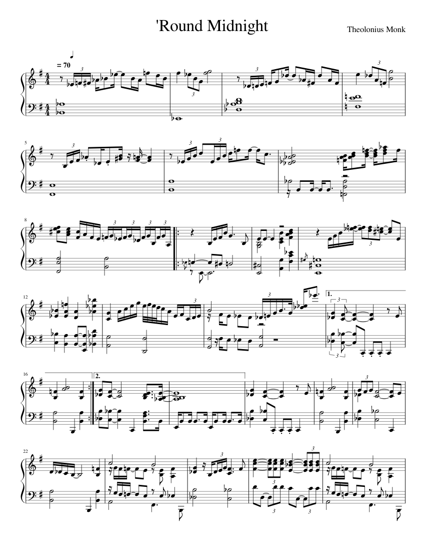 'Round Midnight in E minor Sheet music for Piano (Solo) | Musescore.com